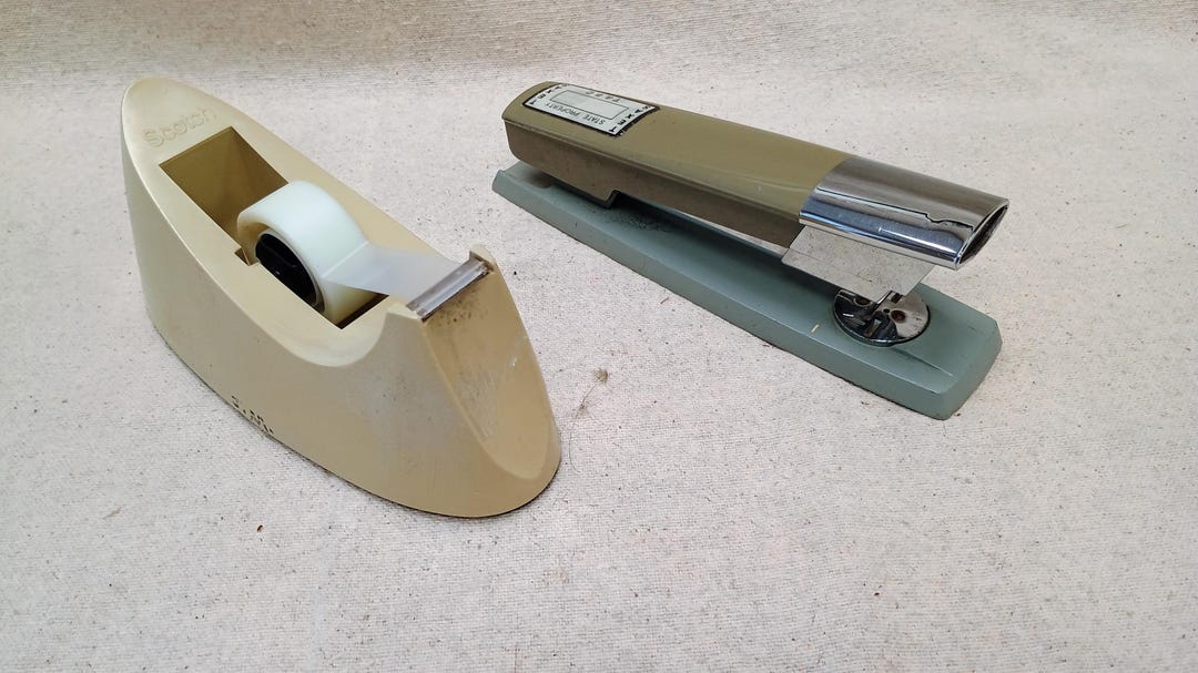 Vintage Stapler and Tape Dispenser Combo, Olive & Beige Color, Art Deco ...