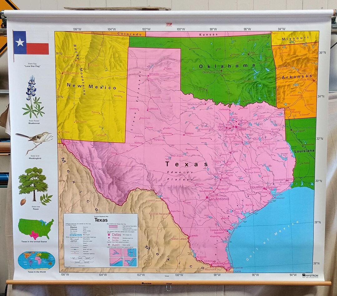 Old School Pull Down TEXAS Wall Map by Nystrom, Used-with Good ...
