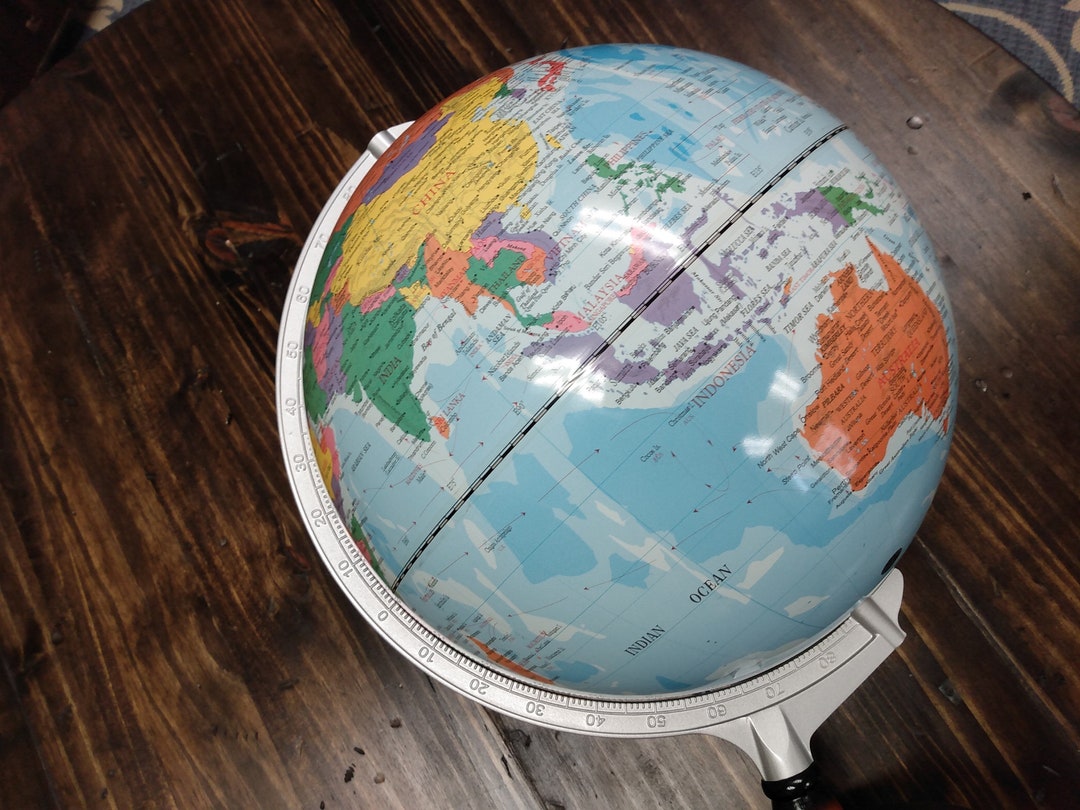 Nice Old School Globe With Wood Base, Grey Metal Axis, Desktop World ...