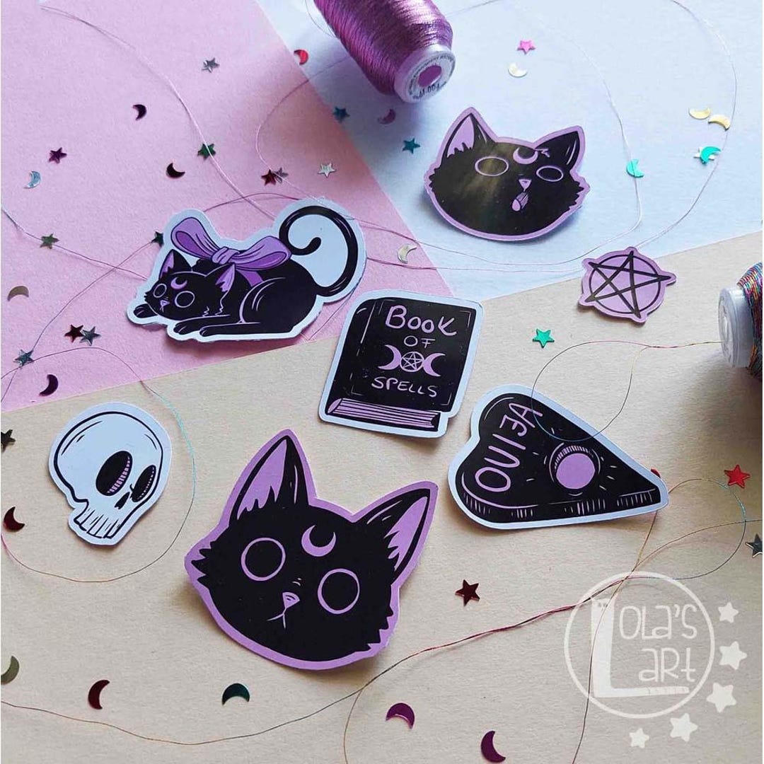 Witchy Cat Sticker Set: Kawaii Pastel Goth Stickers by Lola's Art - Etsy