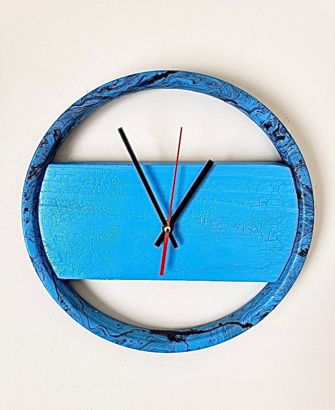 Handmade Blue Wood Clock Contemporary Repurposed Bicycle Wheel Art ...