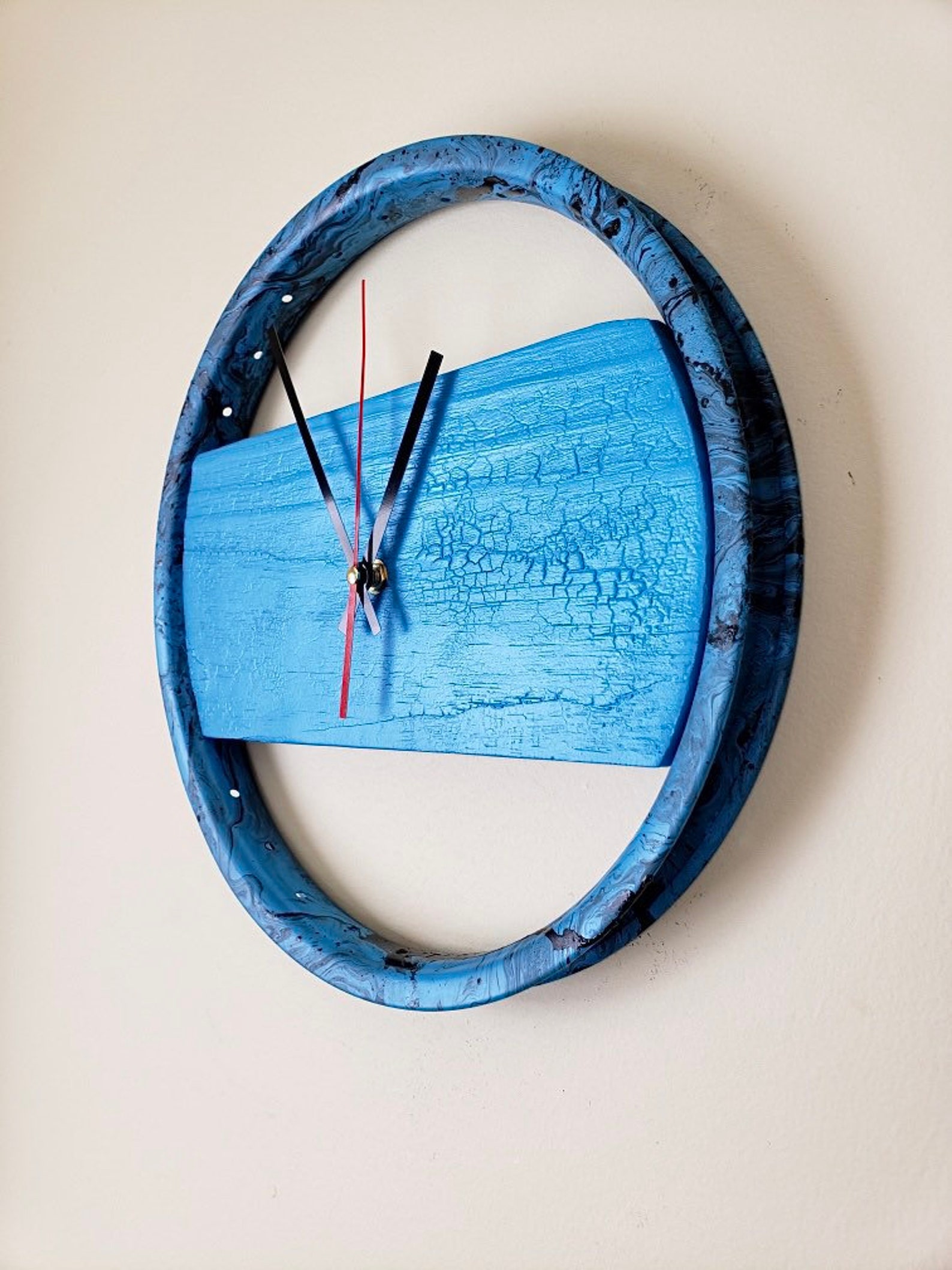 Handmade Blue Wood Clock Contemporary Repurposed Bicycle Wheel Art ...