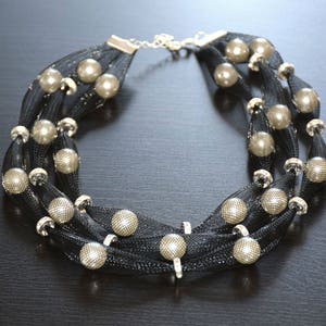 Black Strand Mesh Necklace Rhinestone Rings White Bead Collar - Etsy