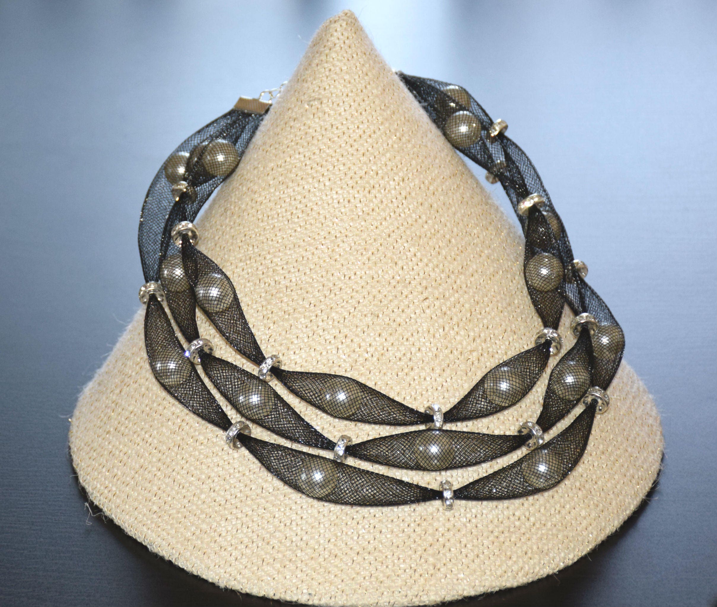 Black Strand Mesh Necklace Rhinestone Rings White Bead Collar | Etsy