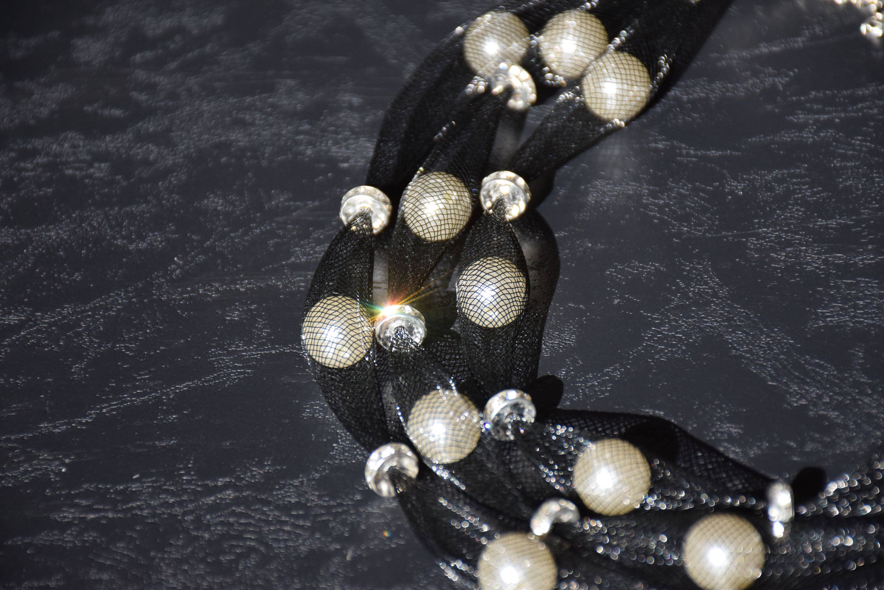 Black Strand Mesh Necklace Rhinestone Rings White Bead Collar | Etsy