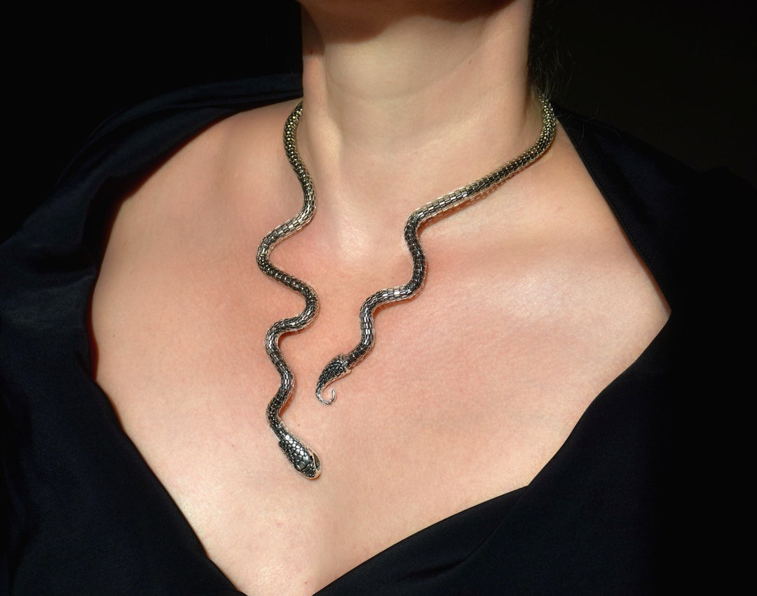 Long Silver Snake Necklace, Bendable Serpent Necklace, Flexible Reptile ...