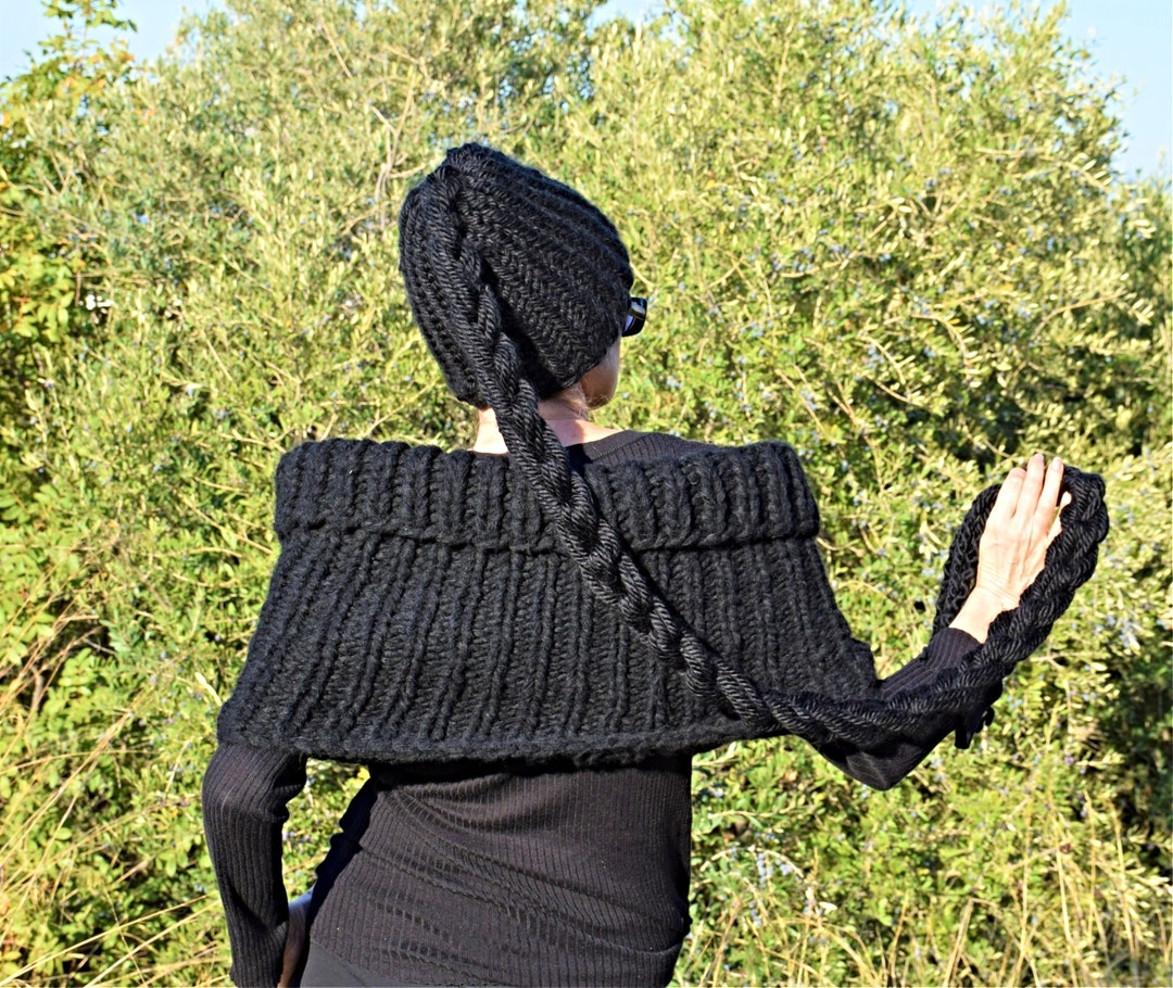Black Chunky Knit Ribbed Beanie, Long Tail Hat Scarf, Winter Cable Hat ...