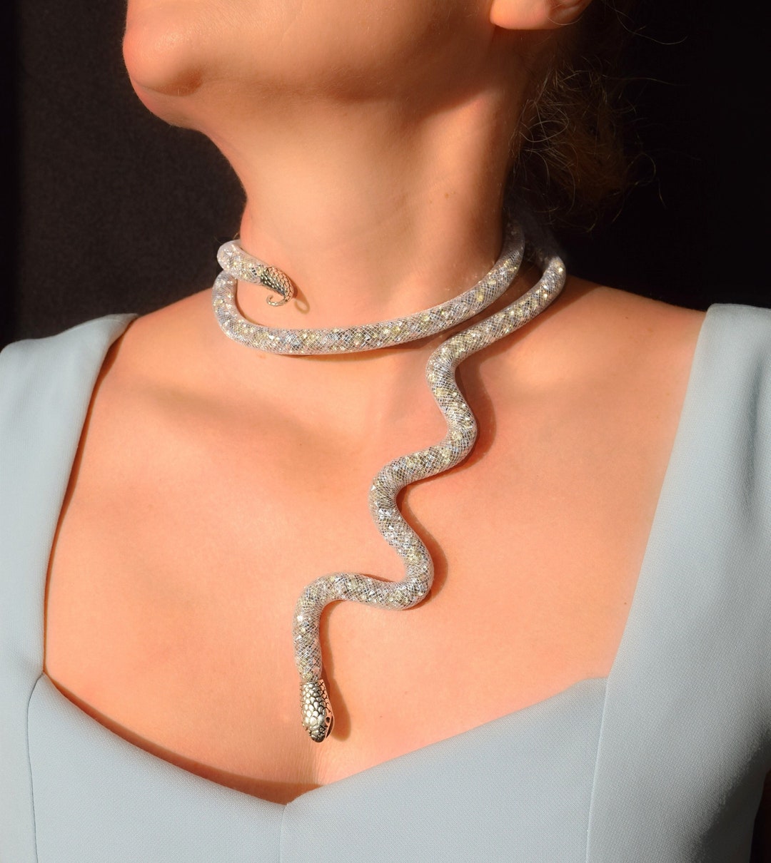 Long Snake Choker Necklace, Silver Rhinestone Serpent Necklace ...