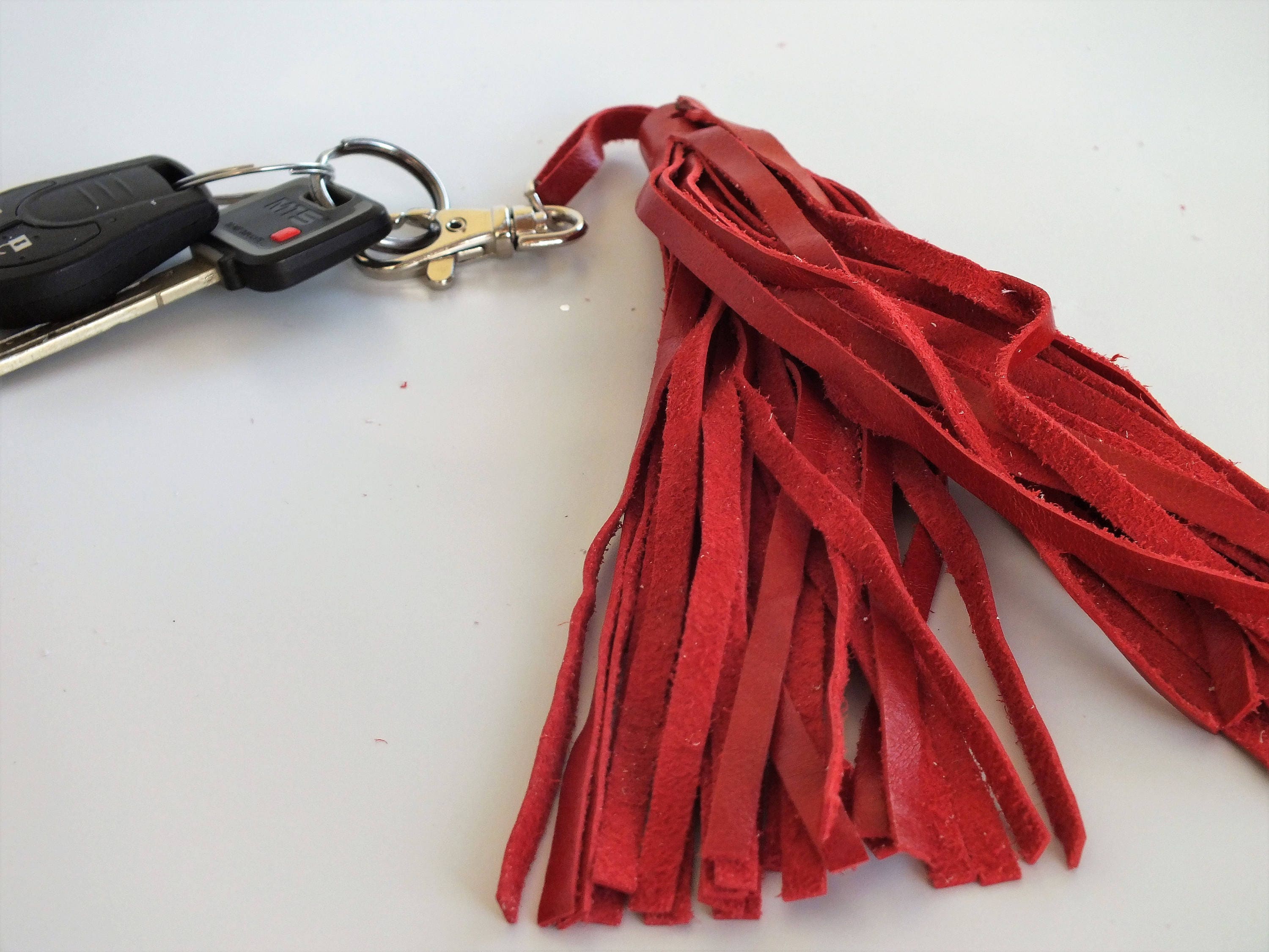 Red Keychain Leather Fringe Zipper Pull Leather Tassel Keychain ...