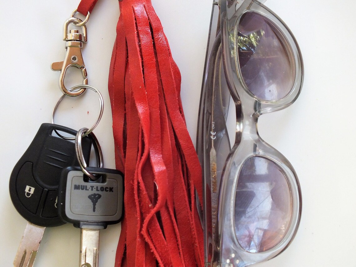 Red Keychain Leather Fringe Zipper Pull Leather Tassel Keychain ...