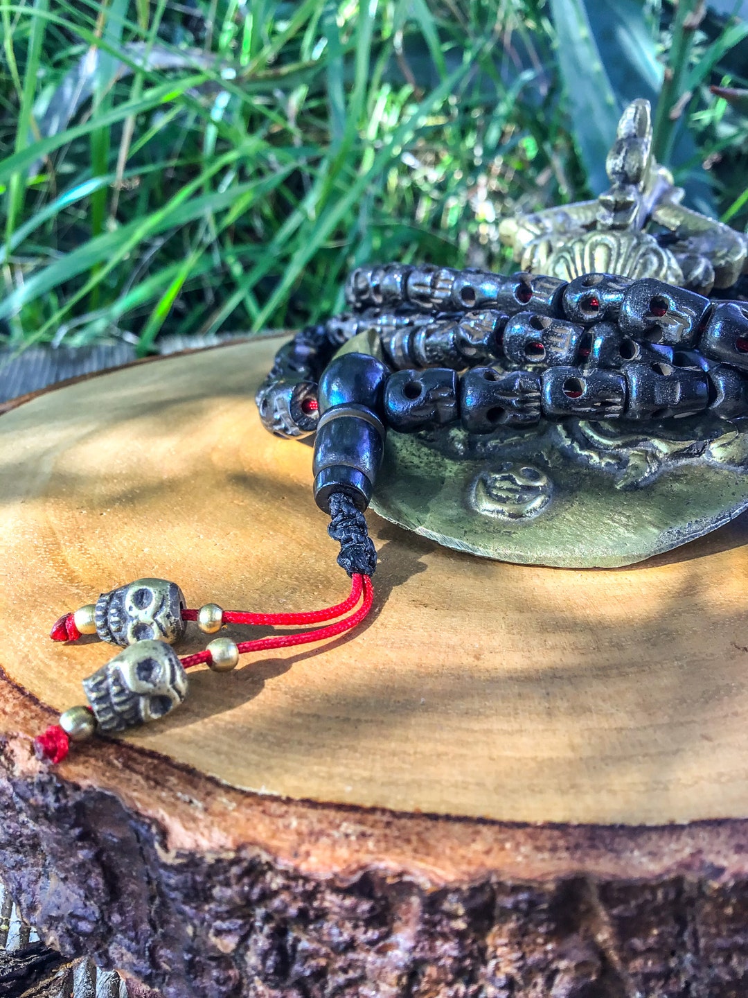 108 Black SKULL MALA Prayer Beads, Yak Bone Brass Skull Japa Mala, Hand ...