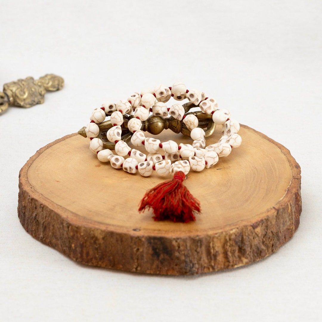 54 HOWLITE SKULL Japa MALA Prayer Beads, White Skulls Long Necklace ...