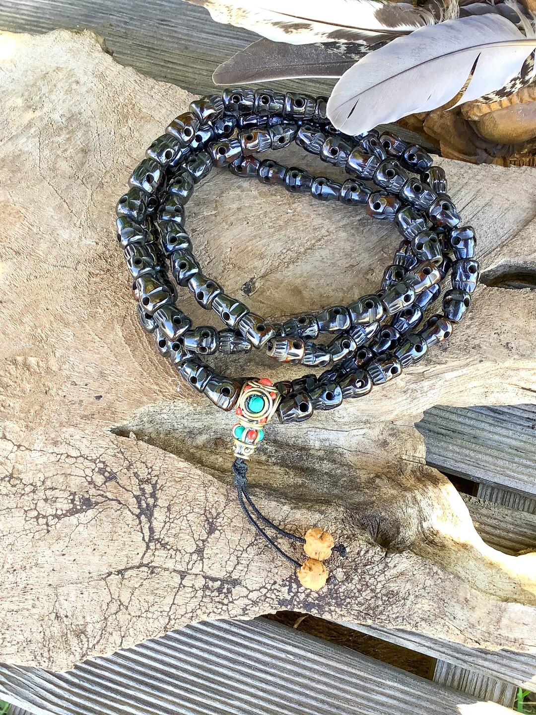 108 Black Baba Mala Skull Prayer Beads, Inlay Tibetan Round Skull Japa ...