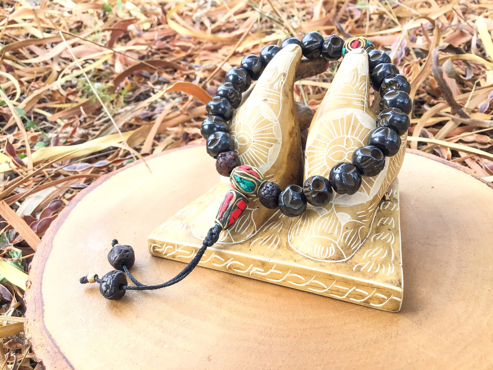 Black KALI Mala Skull BRACELET Inlay Tibetan Round Skull Mala | Etsy