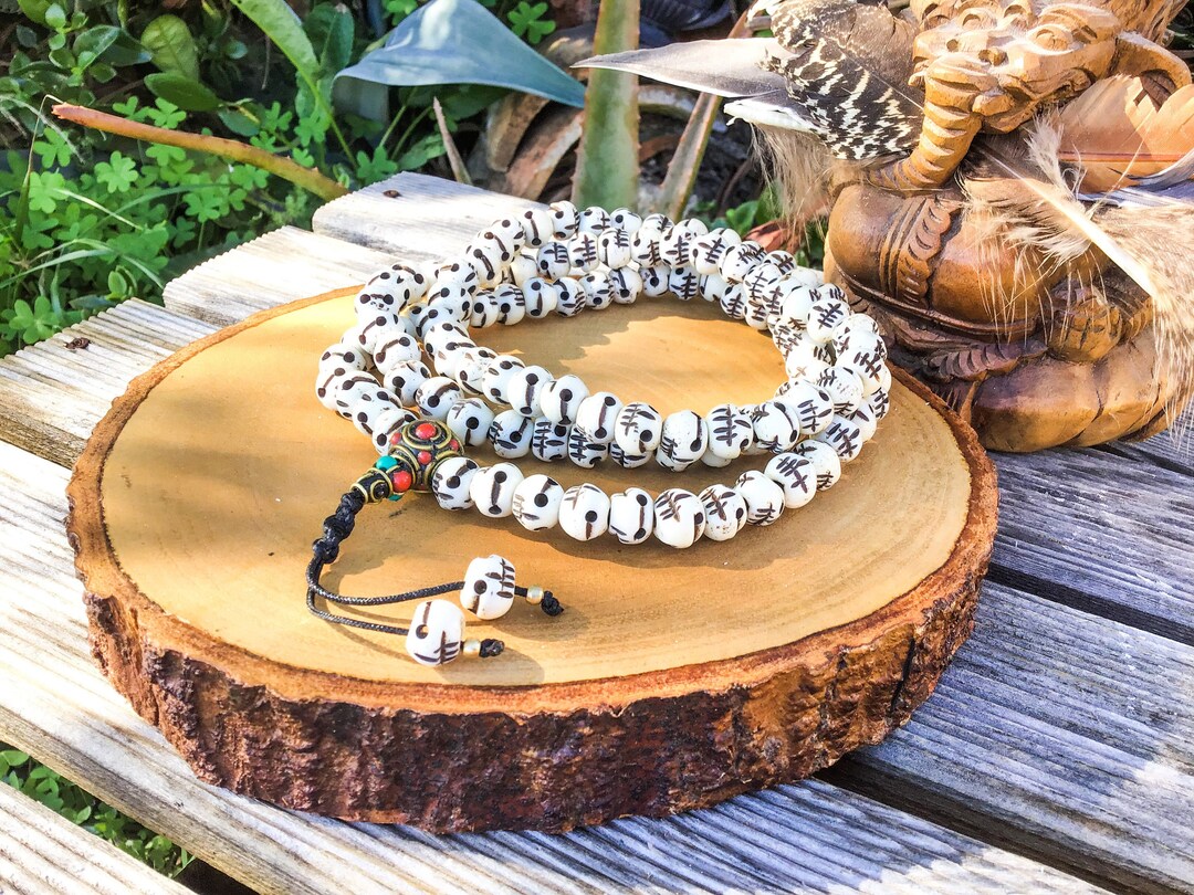 108 KALI MALA Skull Prayer Beads, Inlay Tibetan Guru Round Skull Japa ...