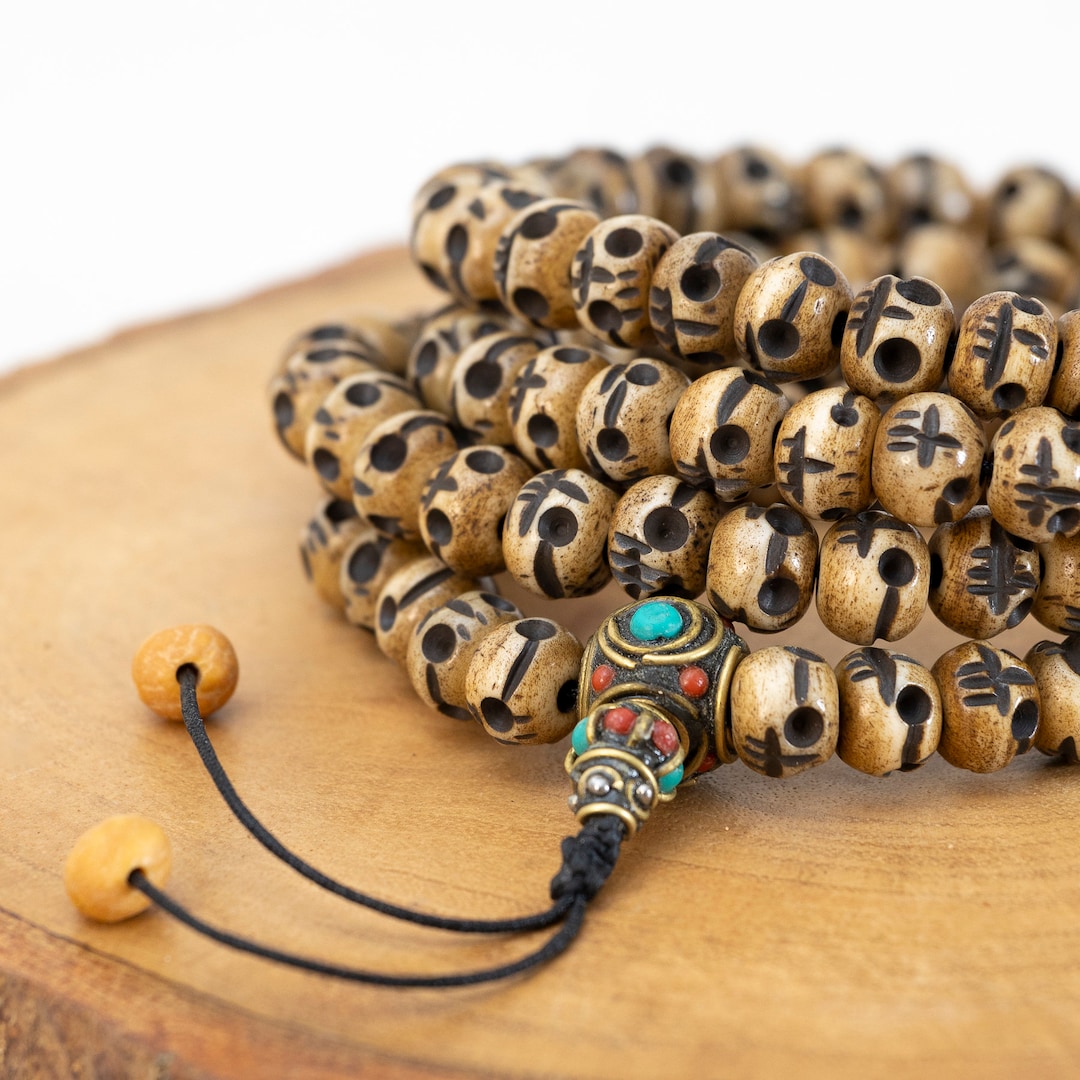 108 KALI MALA BROWN Skull Prayer Beads, Inlay Tibetan Guru Skull Japa ...