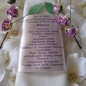 Menu Ribbon, Place Setting Menu, Wedding Menu, Napkin Menu, Custom ...