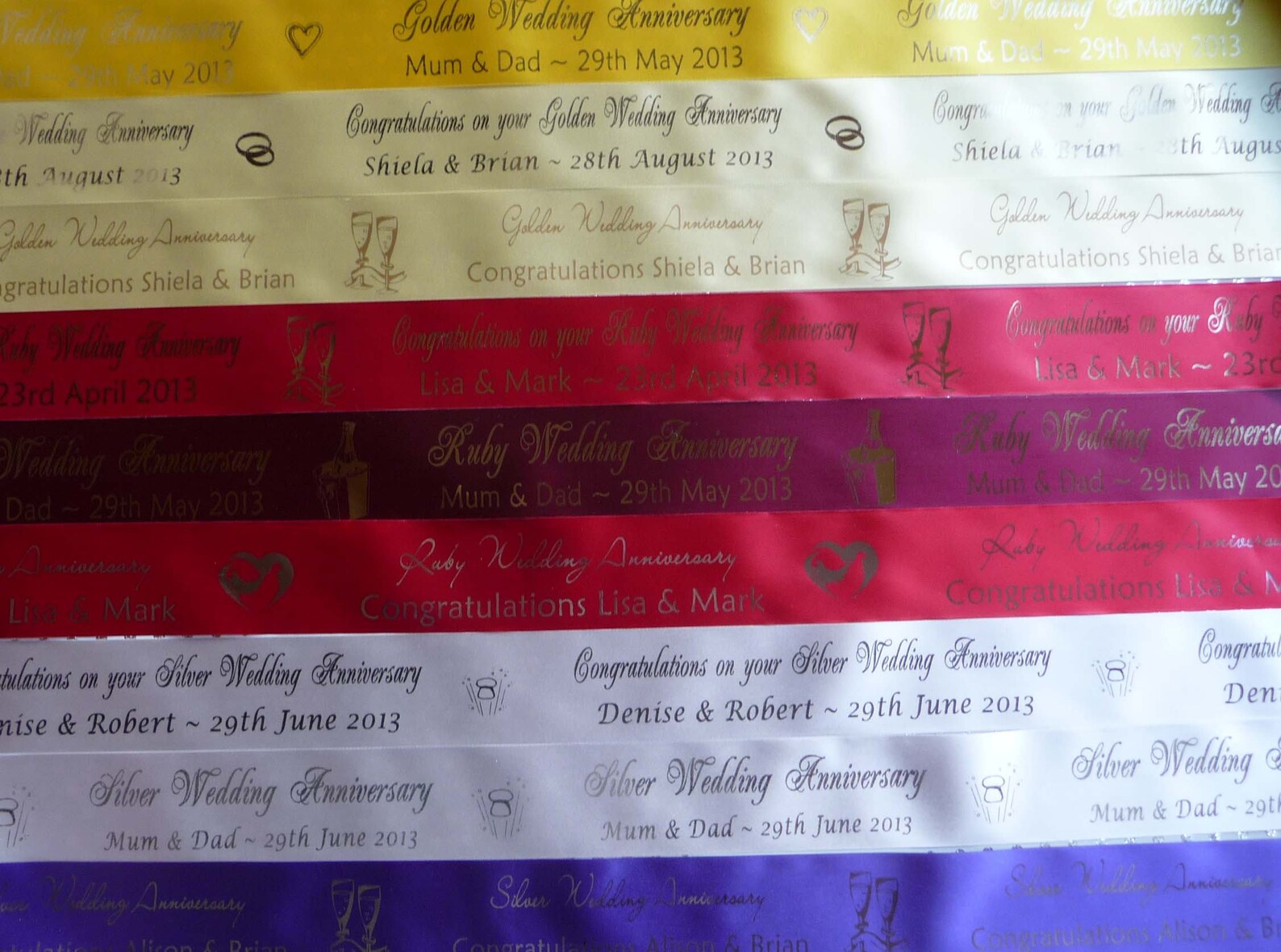 Personalised WEDDING ANNIVERSARY Ribbon Customised for Silver, Ruby ...