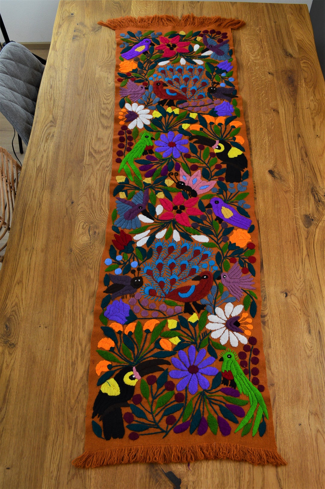 Mexican Hand Embroidered Traditional Table Runner / Wall Hanging Decor ...