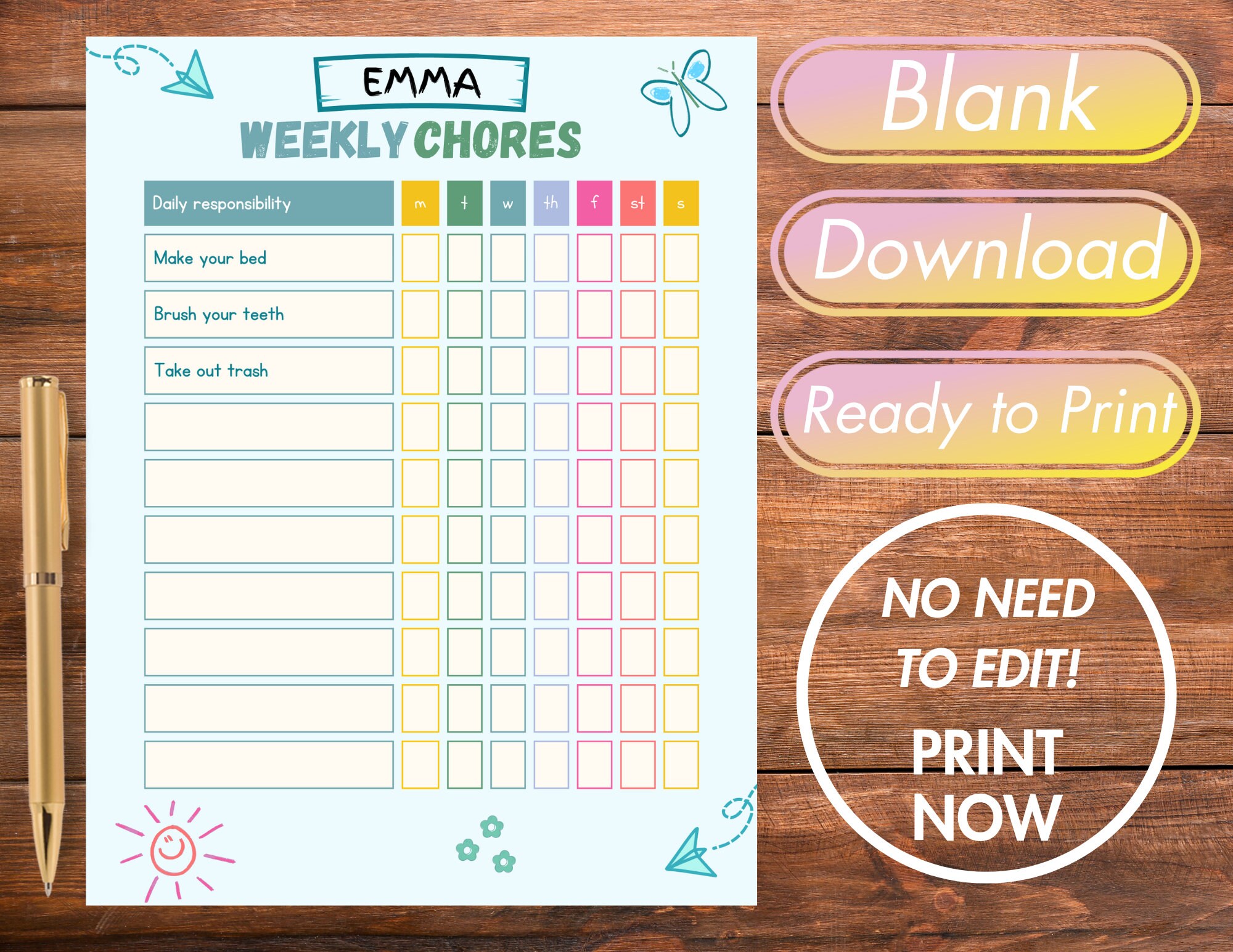 PRINTABLE Chore Chart, Instant Download, Blank Simple Cute Kids Family ...