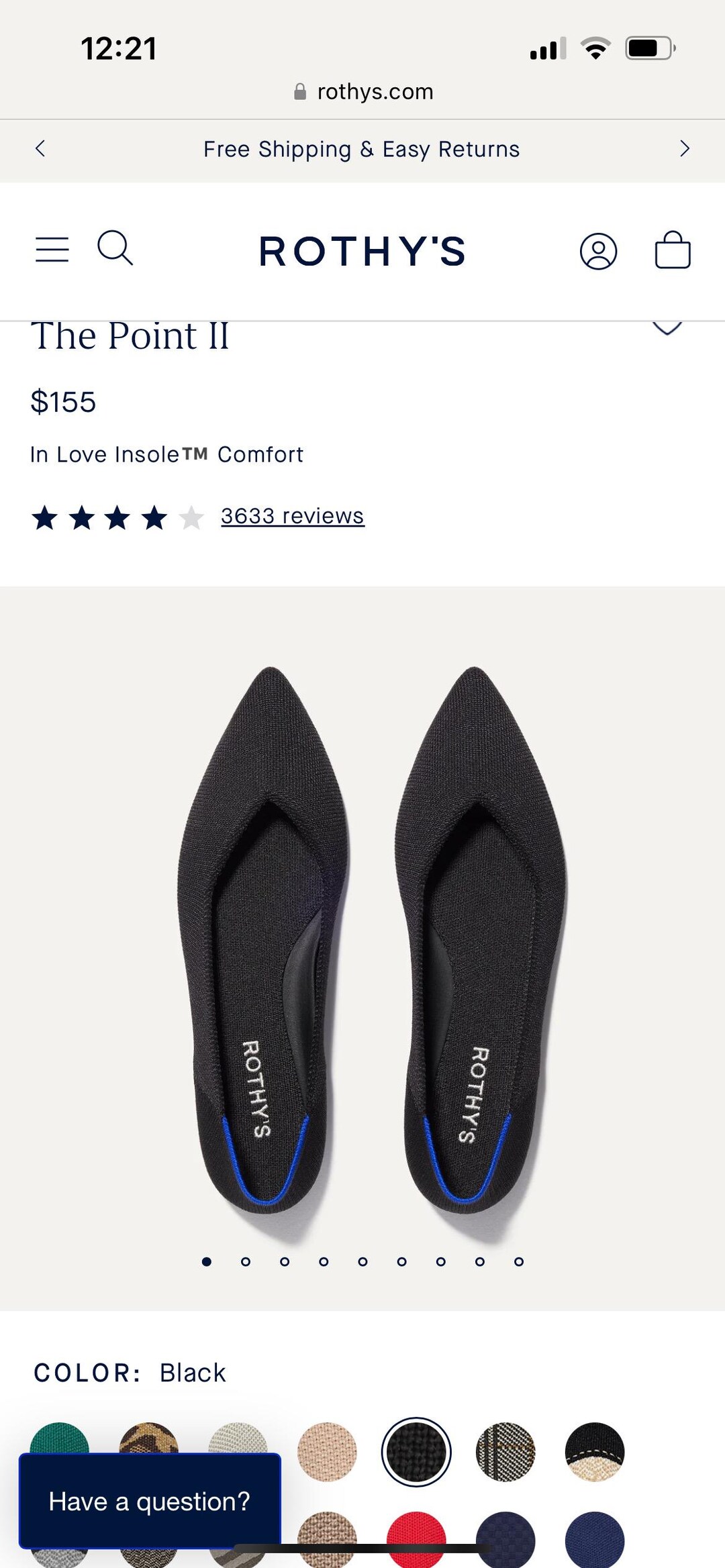 Rothys the Point II Black Ballet Flat Size 7.5. Machine Washable. Made ...