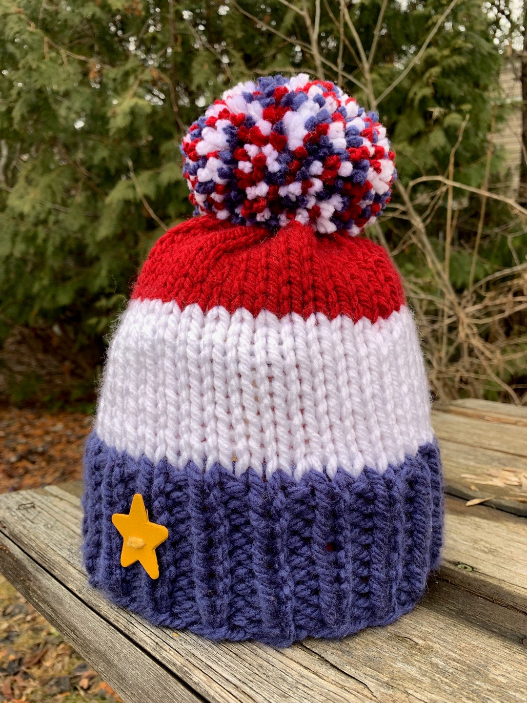 Acadian Hat Handknit With the Acadian Flag Colors Blue White Red Pompom ...