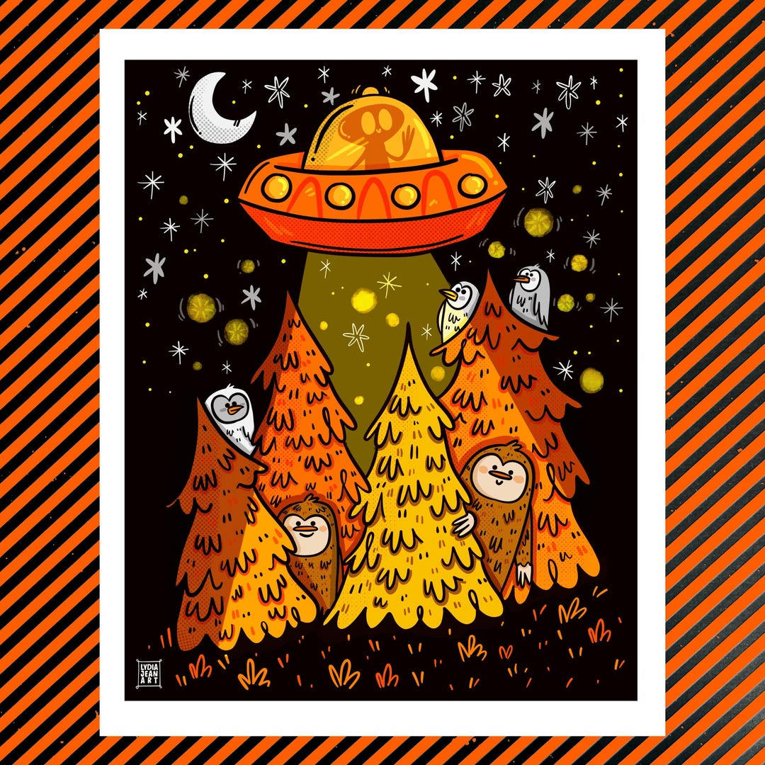Alien Abduction Art Print: UFO & Forest Owls, Halloween Decor - Etsy