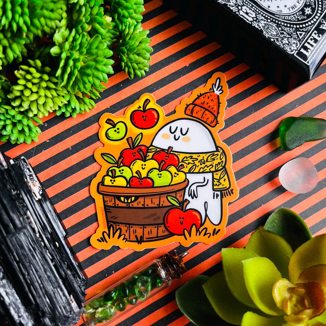 Ghostly Apple Picking Vinyl Sticker | Ghost Sticker | Halloween Sticker ...