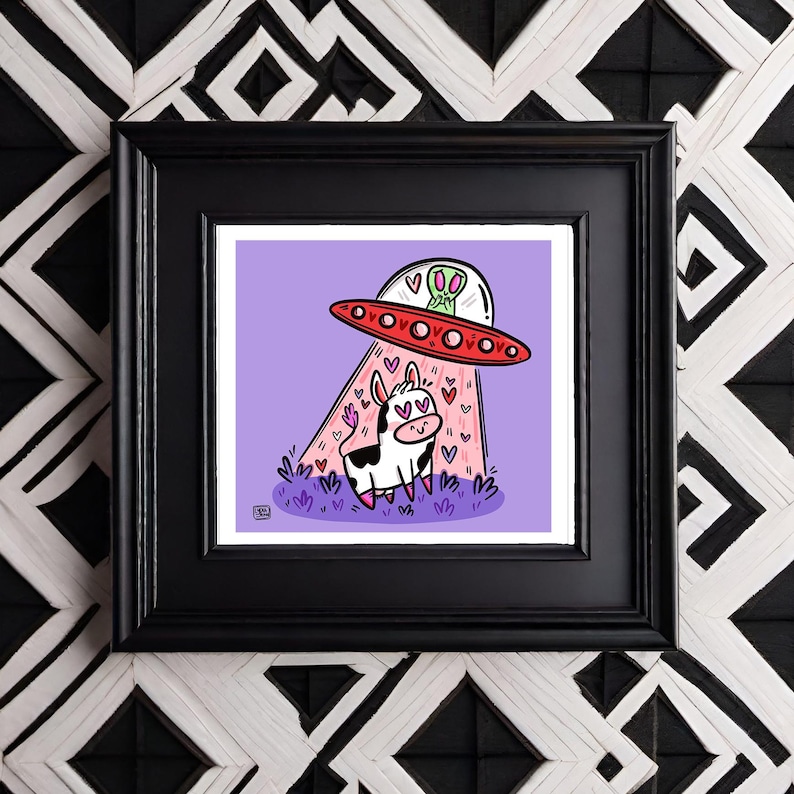 UFO Cow Abduction Art Print: Sci-fi Alien Love (8x8) - Etsy