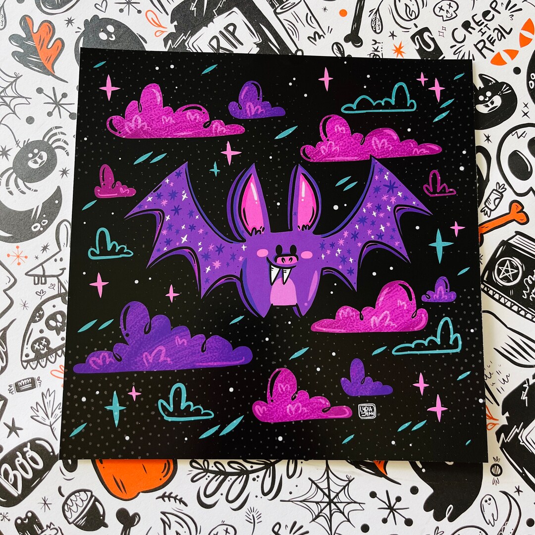 Purple Bat Art Print | Spooky Cute Bat Illustration Wall Art for ...