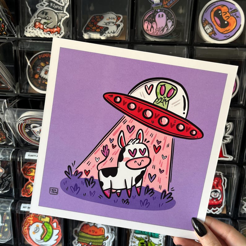 UFO Cow Abduction Art Print: Sci-fi Alien Love (8x8) - Etsy