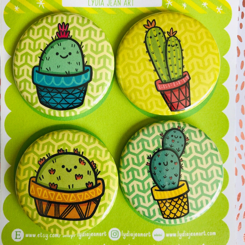Cacti Button or Magnet Pack | Original Plant Art by Lydia Jean Art - Etsy