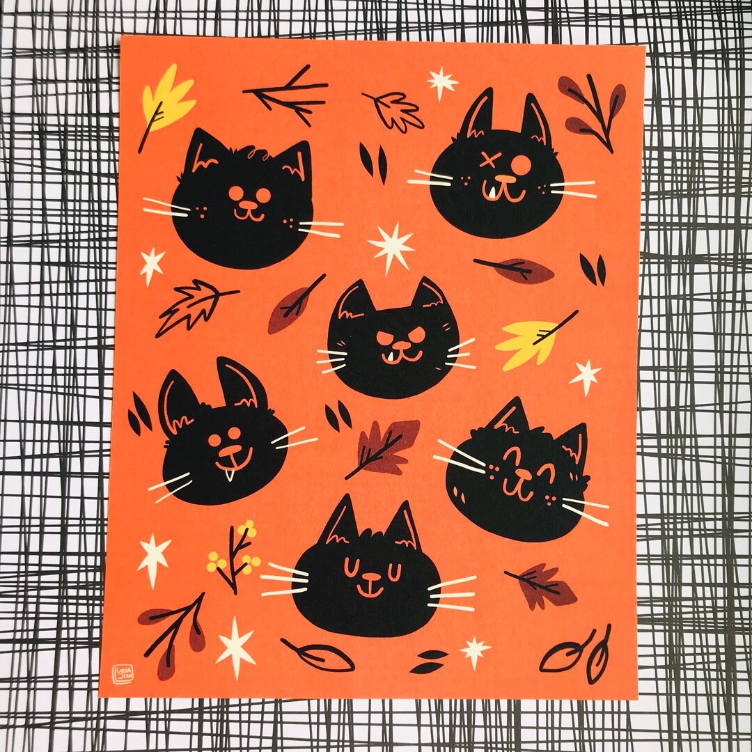 Autumn Cat Print of Black Cat Art Print | Cat Lovers Art | Halloween ...