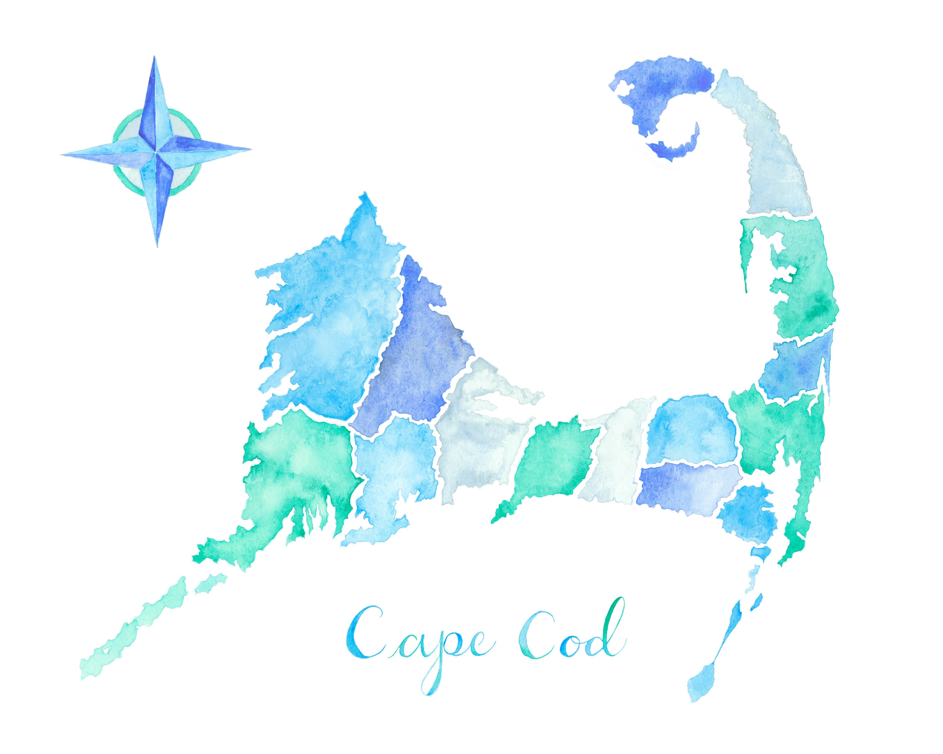 Cap Cod Map: Cape Cod Watercolor Map, Watercolor Town Map Cape Cod ...