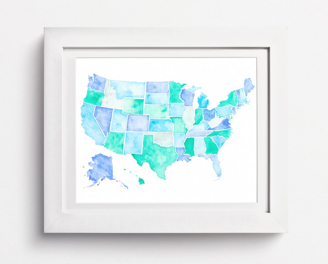 United States of America Watercolor Map: 50 States Map Art, USA ...