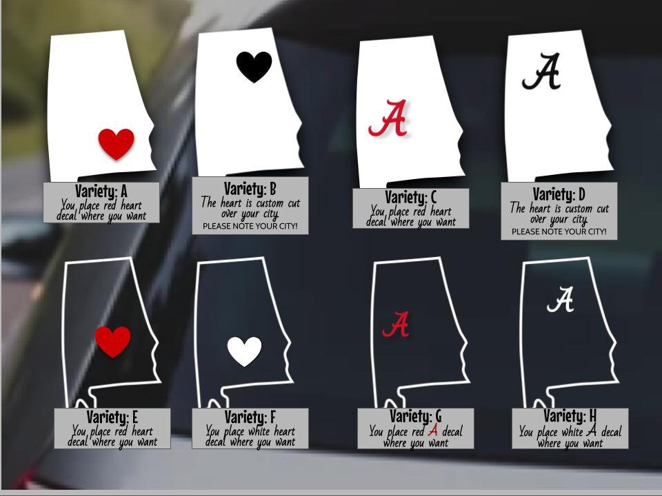 Custom Alabama Car Window Vinyl Decal With Red Heart or Alabama A Over ...