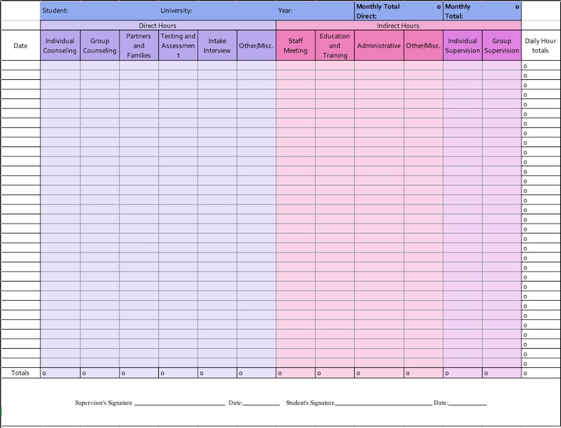 Counseling Practicum and Internship Hour Spreadsheet - Etsy