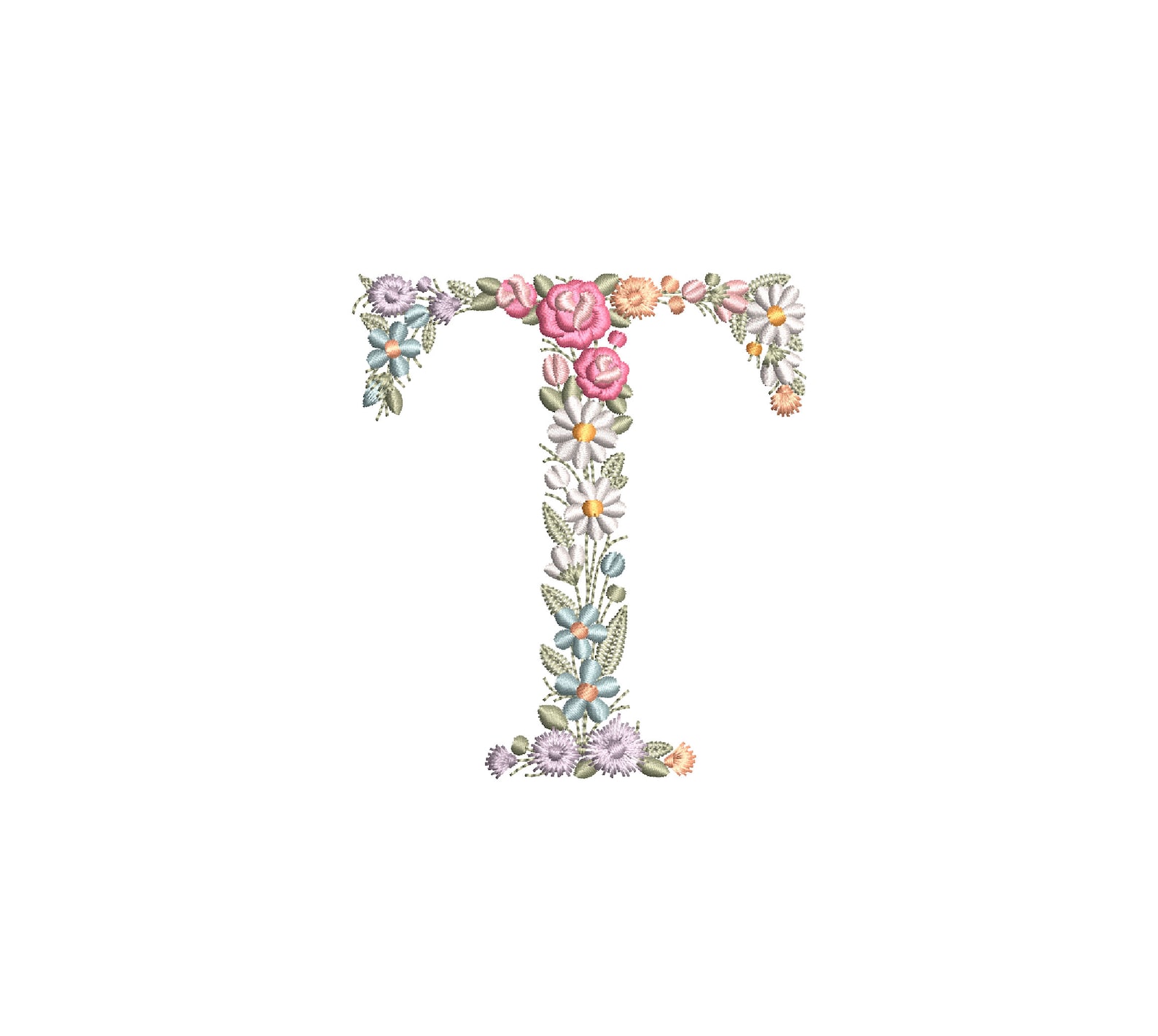 Machine Embroidery LETTER T Uppercase 10cm / 4" Tall Dainty Floral Font ...