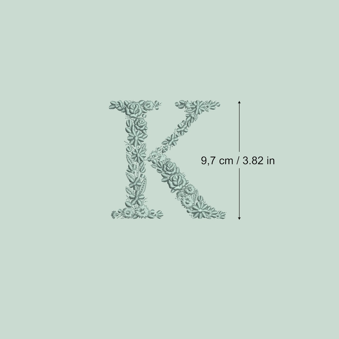 Machine Embroidery LETTER K Uppercase 9,7cm / 3.85" Tall Dainty Floral ...