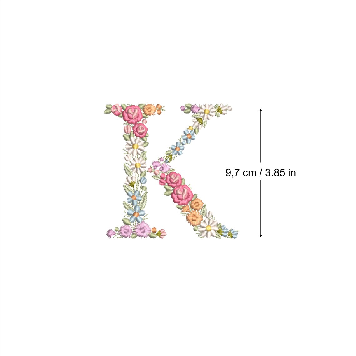 Machine Embroidery LETTER K Uppercase 9,7cm / 3.85" Tall Dainty Floral ...