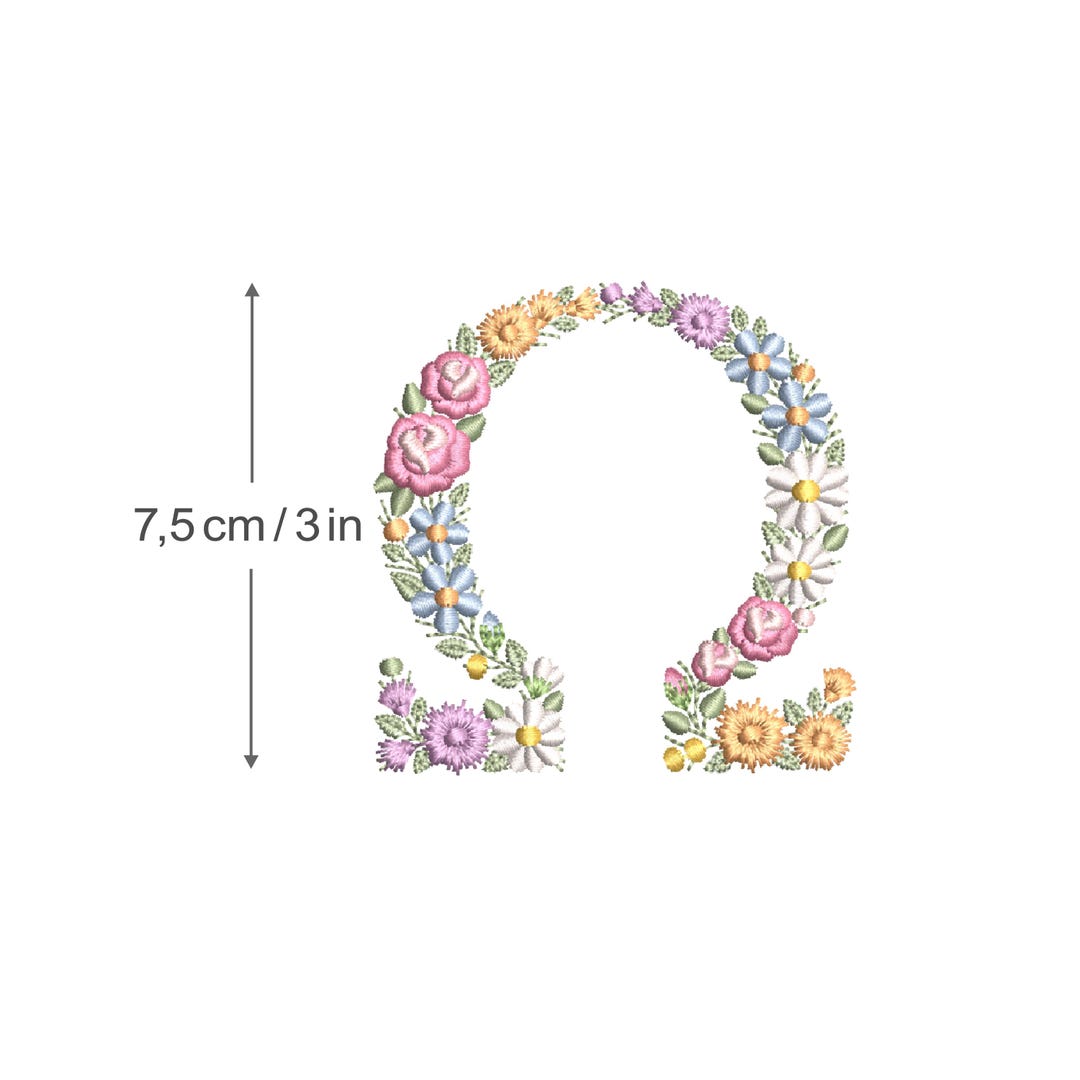 Machine Embroidery LETTER OMEGA Uppercase 3"/7,5 Cm Dainty Floral Font ...