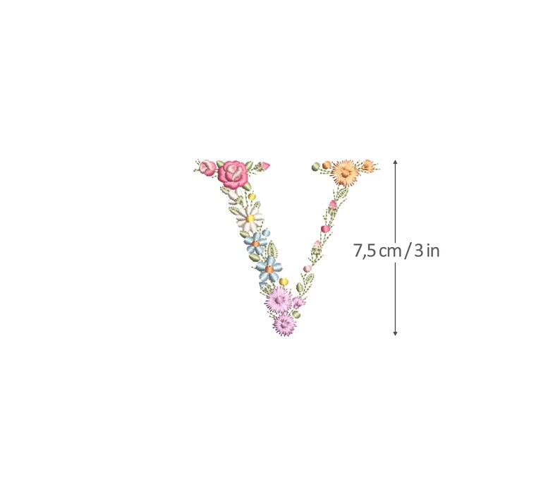 Machine Embroidery LETTER V Uppercase 3"/7,5 Cm Dainty Floral Font ...