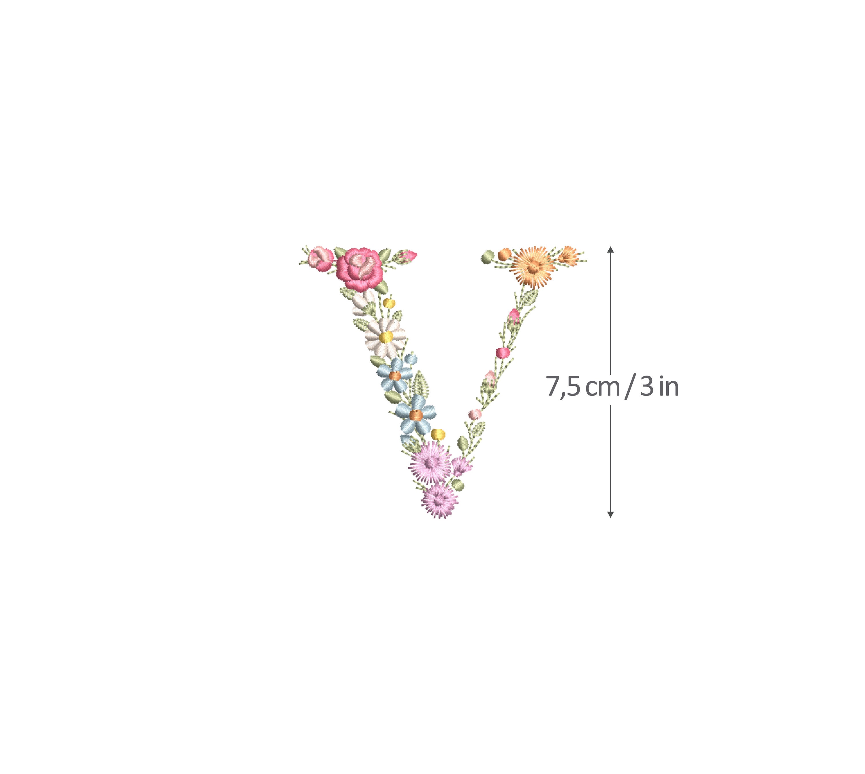 Machine Embroidery LETTER V Uppercase 3"/7,5 Cm Dainty Floral Font ...
