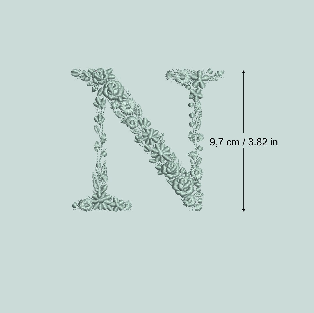 Machine Embroidery LETTER N Uppercase 9,7cm / 3.82" Tall Dainty Floral ...