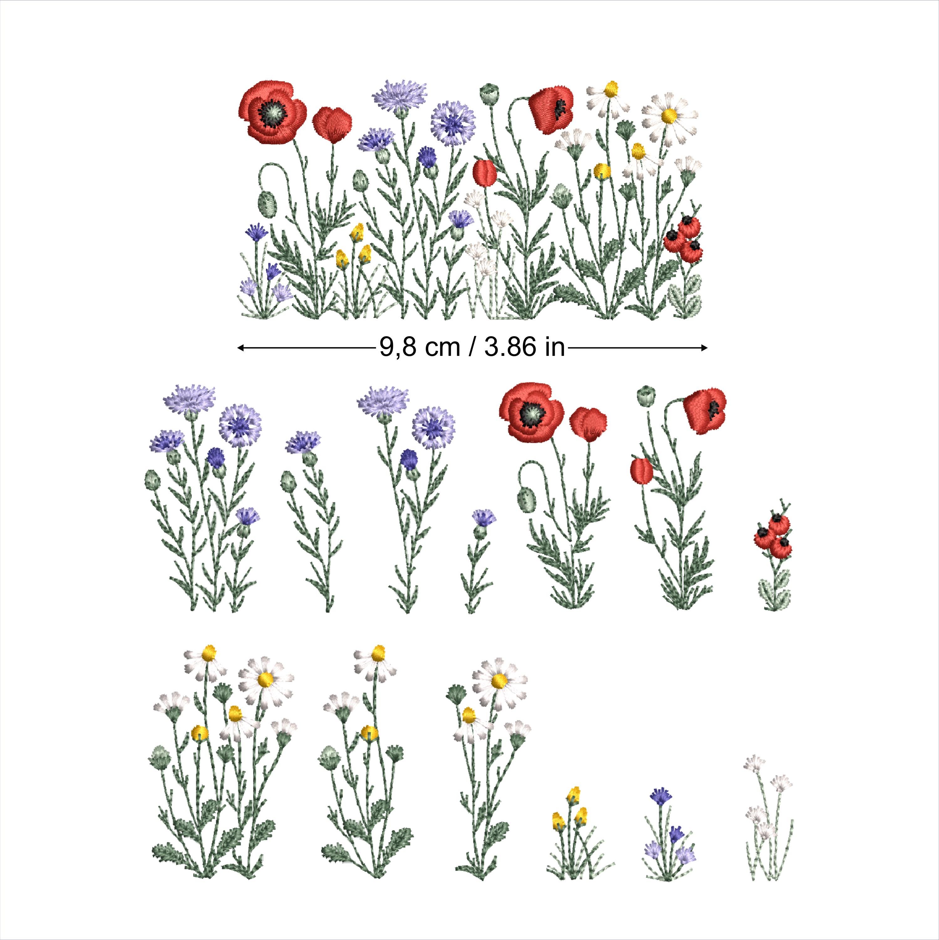Machine Embroidery 2x4" Dainty Meadow Mini Wildflower Border Poppy ...