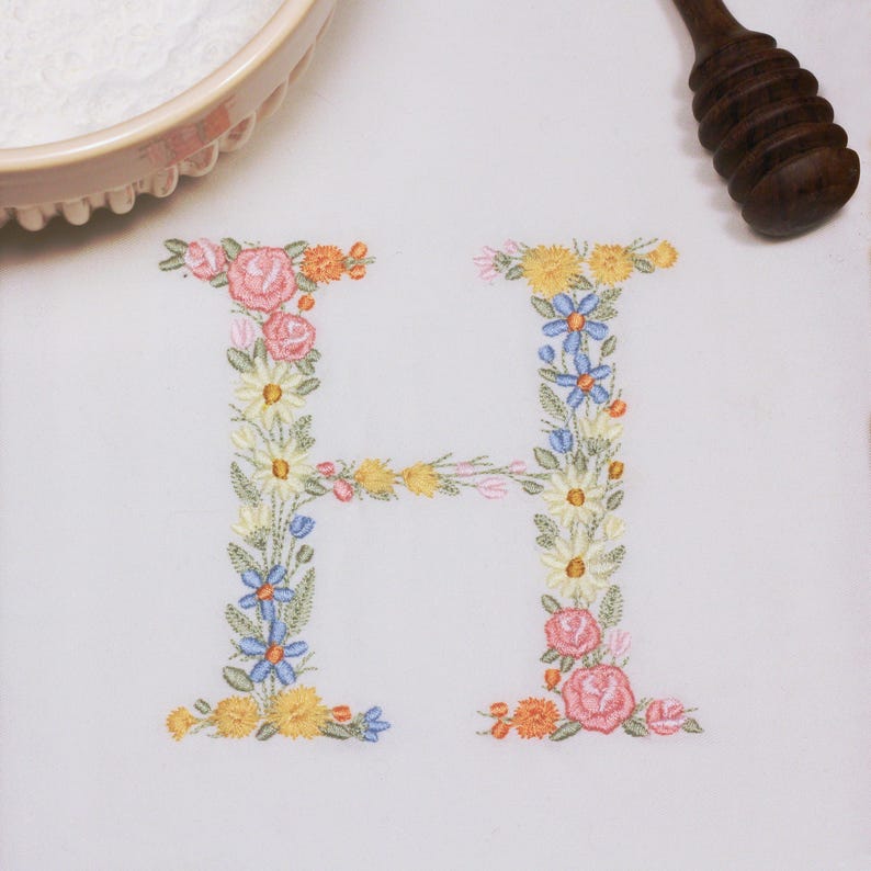 Machine Embroidery LETTER H Uppercase 9,6cm / 3.80" Tall Dainty Floral ...