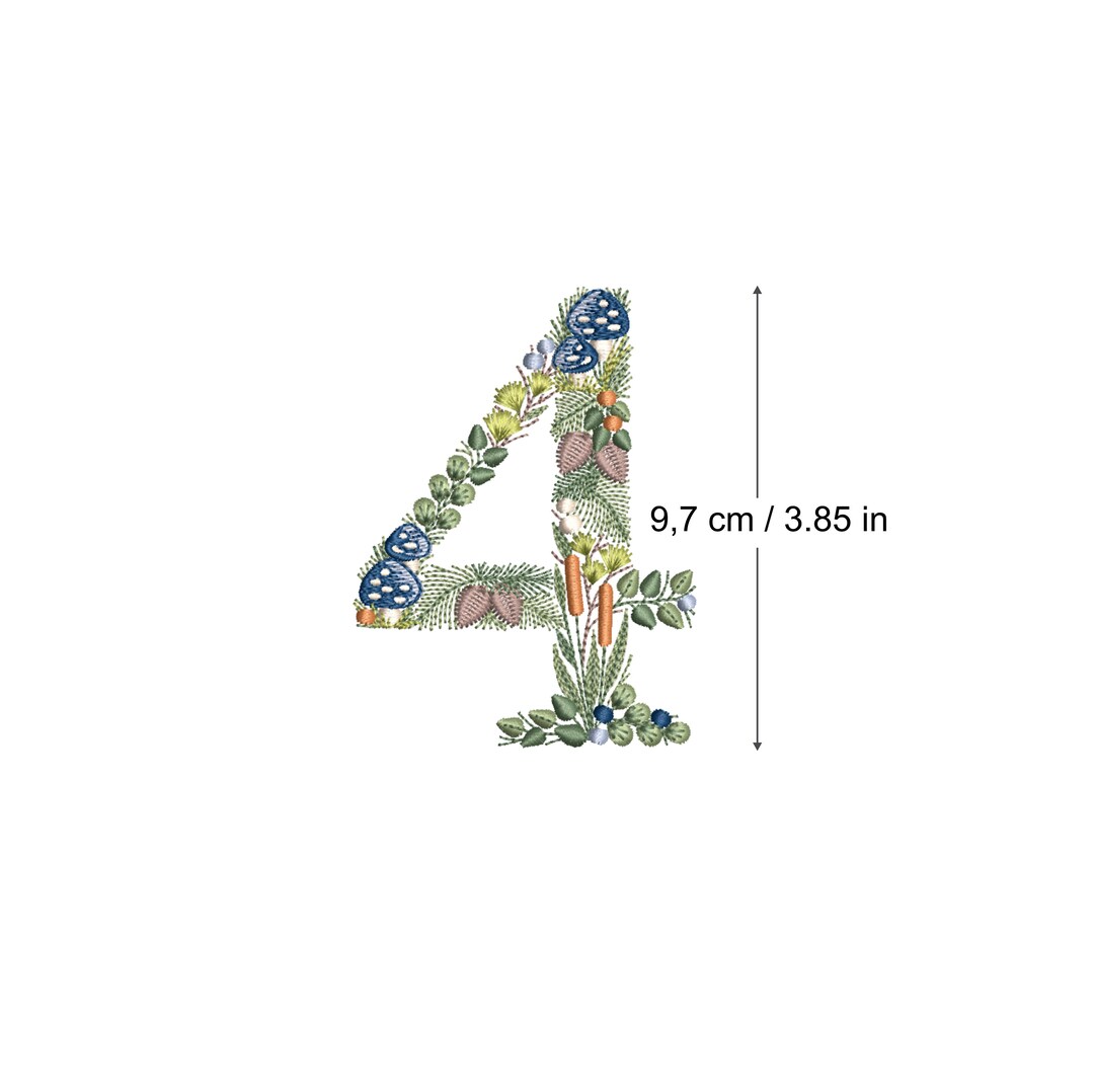 Machine Embroidery NUMBER 4 Birthday Forest Mushroom Cattail Pine Cone ...