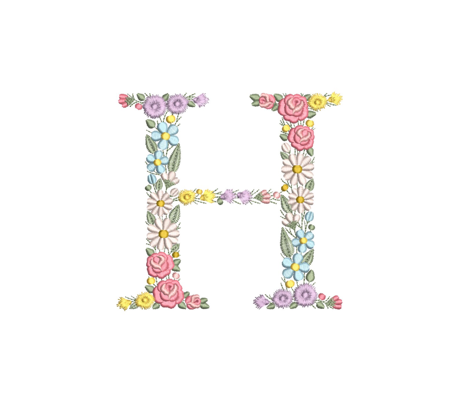 Machine Embroidery LETTER H Uppercase 15cm/6"tall Dainty Floral Font ...