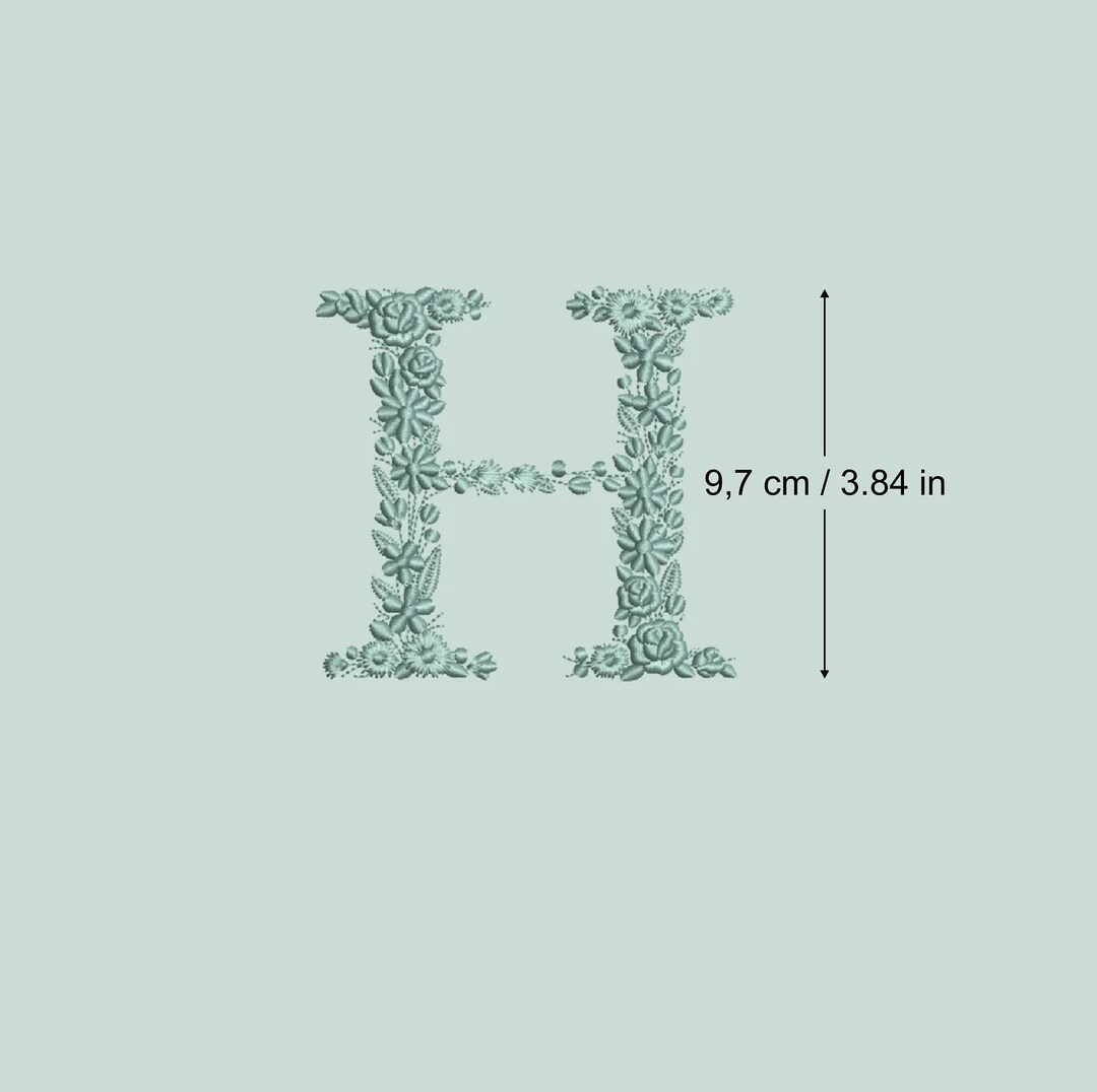 Machine Embroidery LETTER H Uppercase 9,7cm / 3.85" Tall Dainty Floral ...