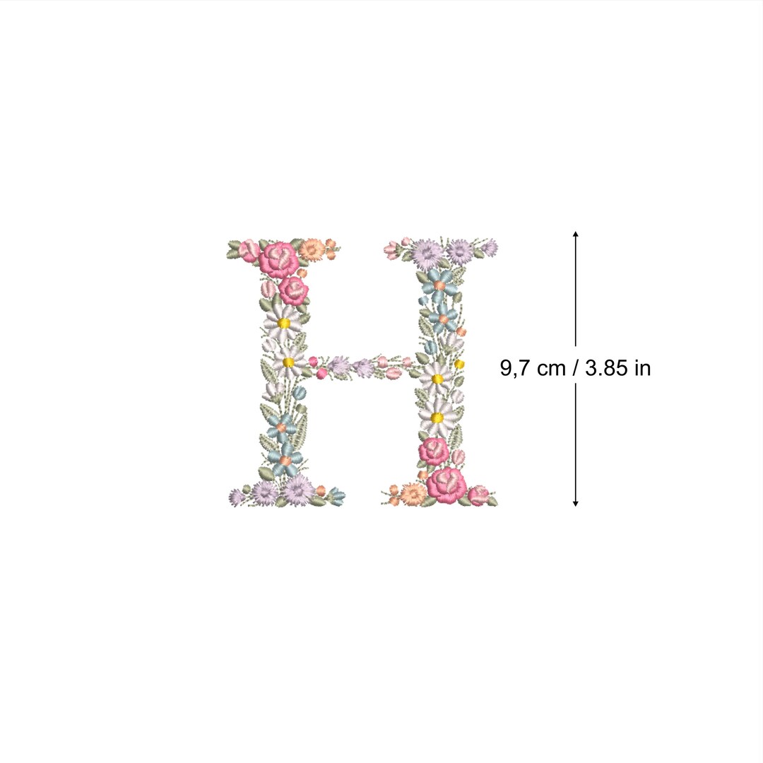 Machine Embroidery LETTER H Uppercase 9,6cm / 3.80" Tall Dainty Floral ...